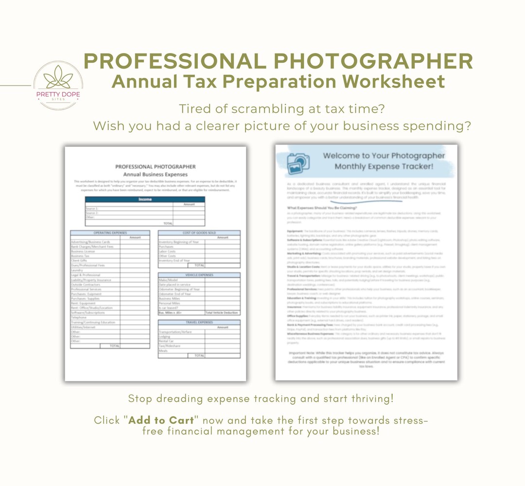Photographer Tax Planner Worksheet: Printable Expense Tracker (PDF ...