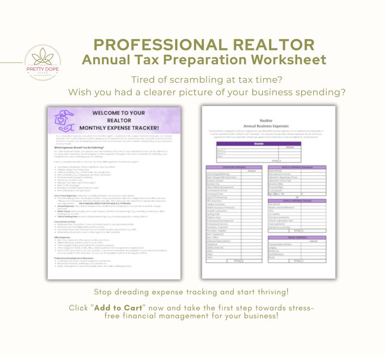 Realtor Tax Planner Worksheet: Printable Annual Expense Tracker (PDF ...