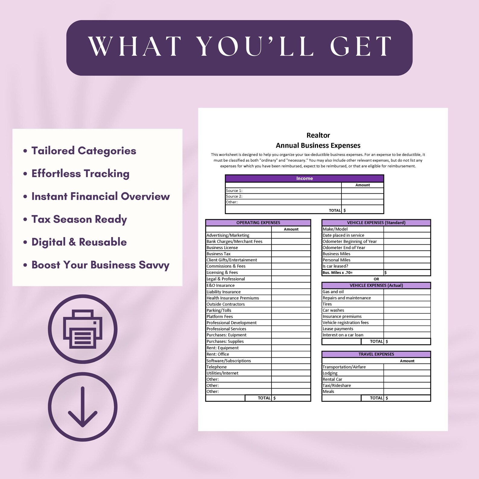 Professional Realtor- Printable Annual Tax Planner Worksheet | INSTANT ...