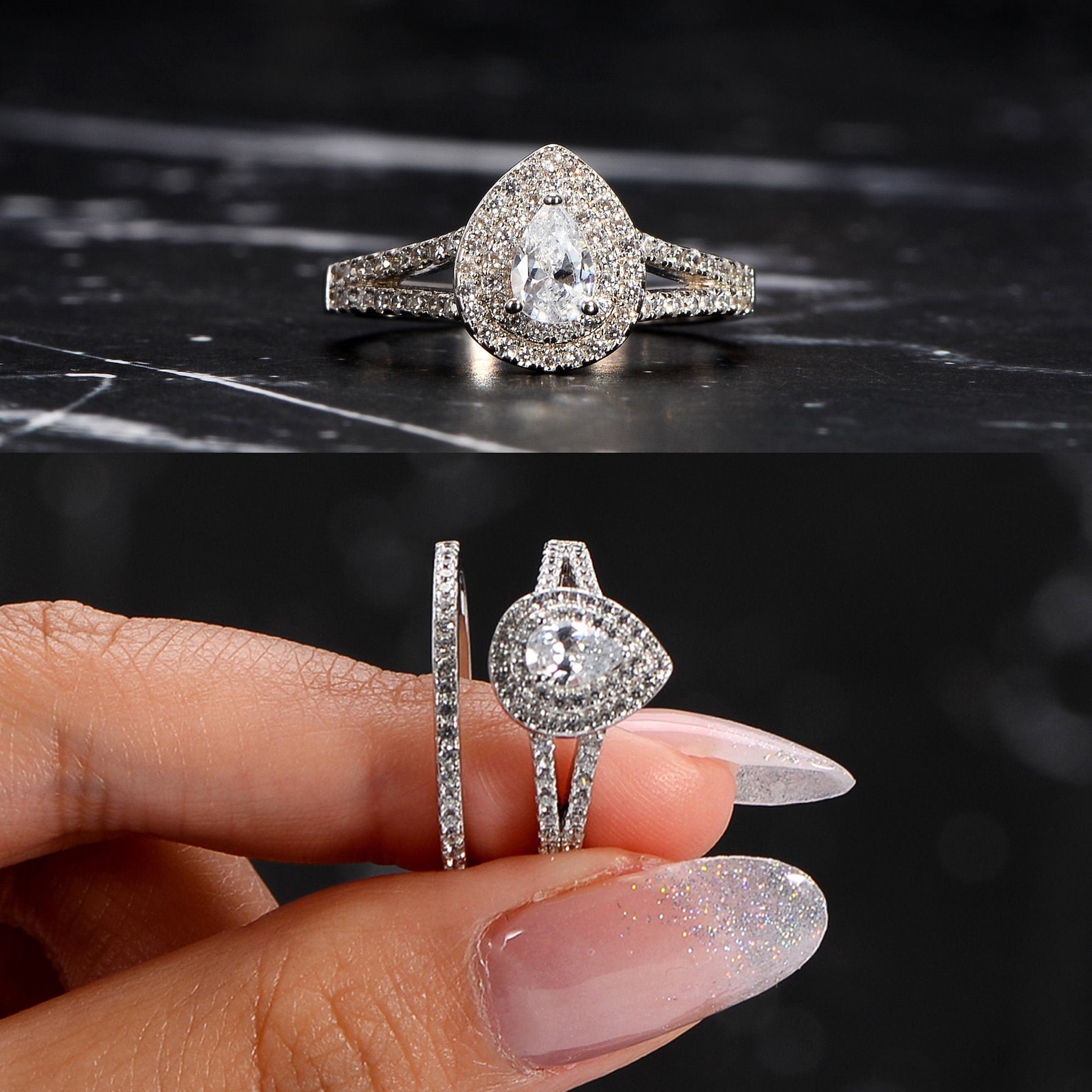 Split Shank Pear Engagement Ring Set Sterling Silver Wedding - Etsy