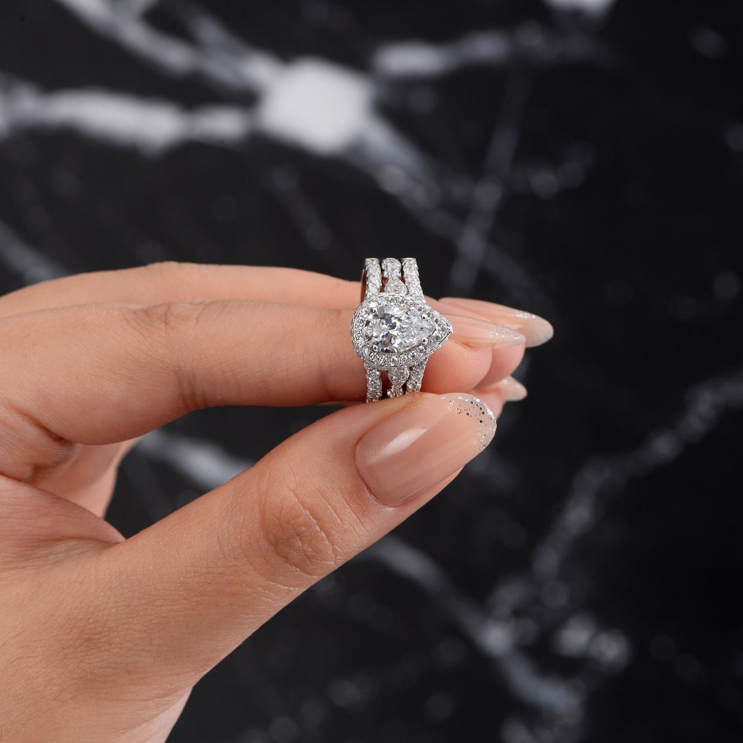 3 CT Pear Cut Wedding Ring Set Women, 925 Sterling Silver Wedding Bands ...