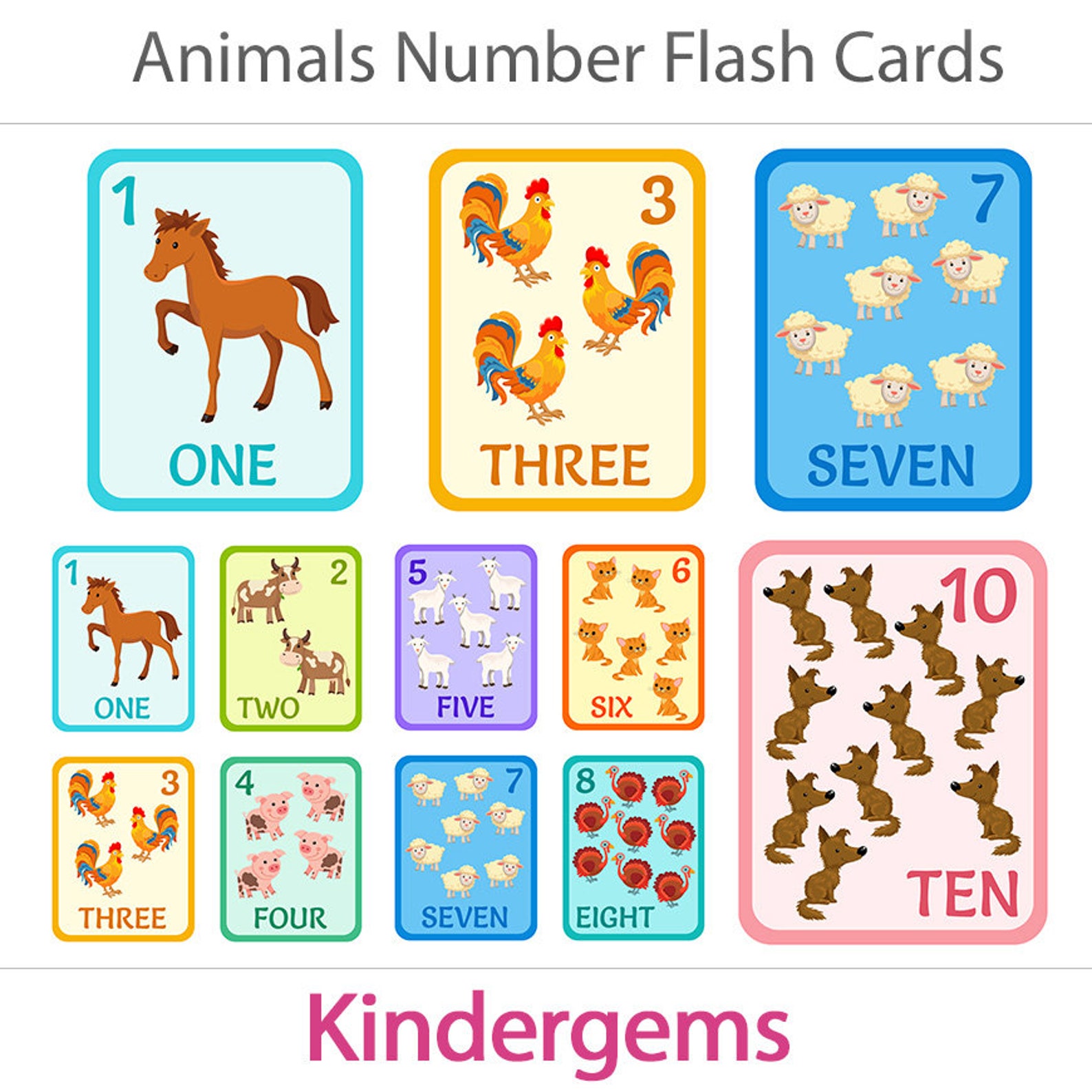 Farm Animals Number Flash Cards Preschool Kindergarten | Etsy