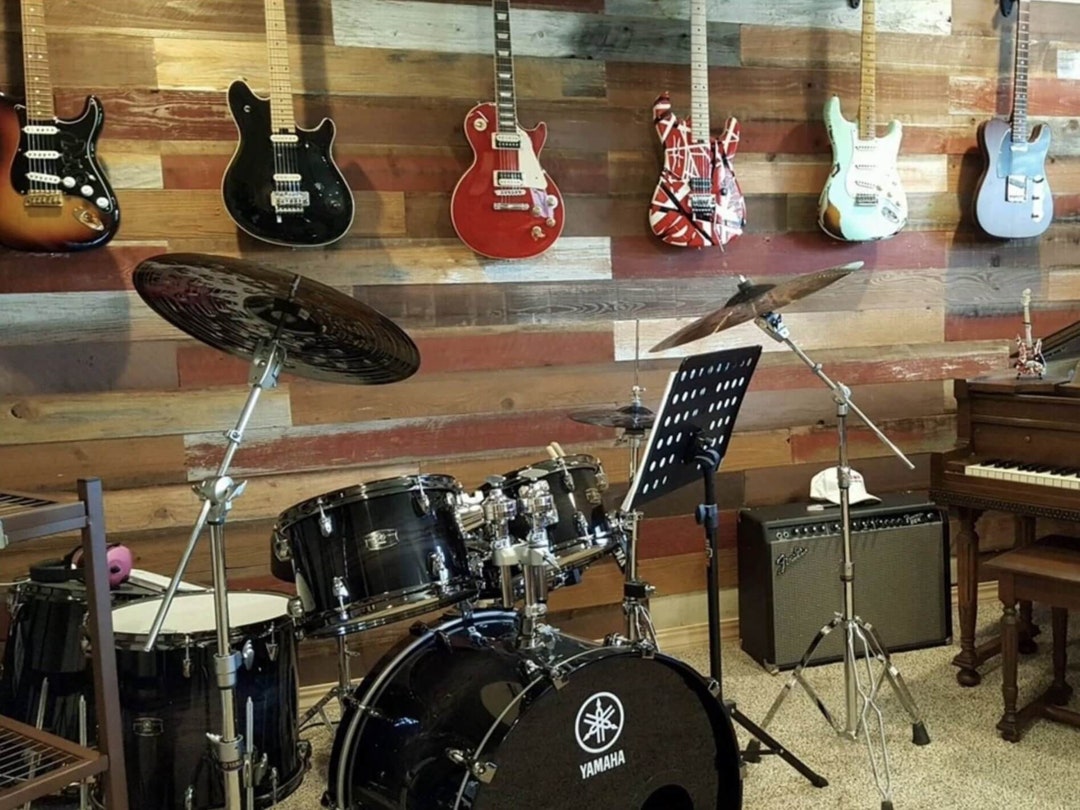 Vintage Music Studio Accent Wall Reclaimed Wood Planks Rustic Recording ...