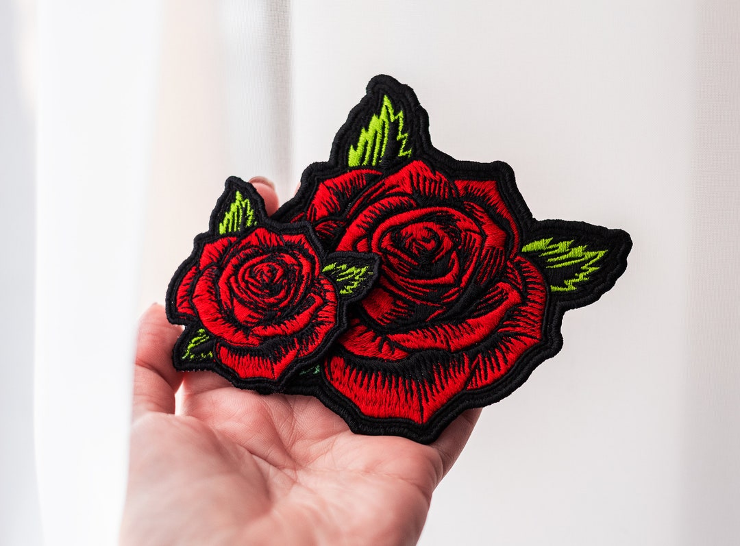 Set of 2 Sew on Rose Patches Big and Small, Embroidered Rose Flower ...