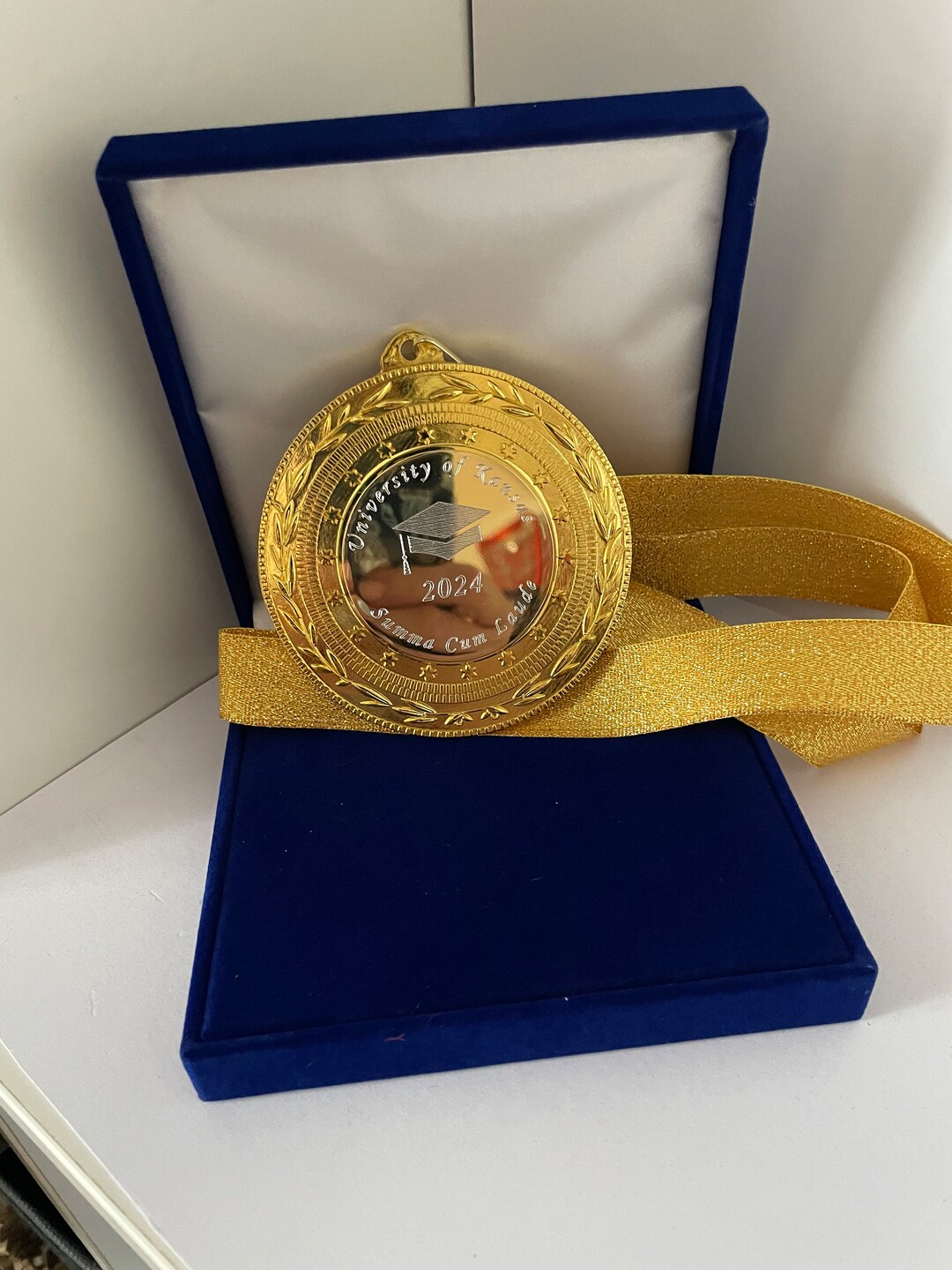 EXTRA LARGE 87mm Shiny Gold Medal in a Velvet Case, Personalise With ...