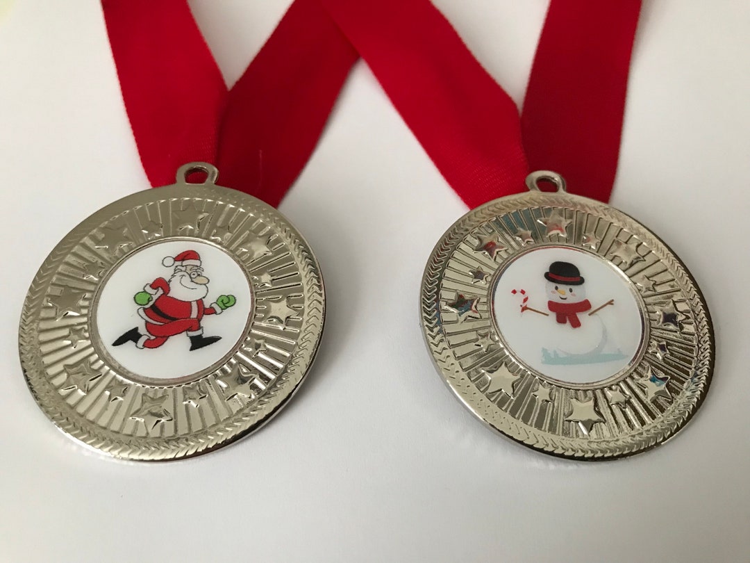 Santa or Snowman Silver Coloured Christmas Medals, Xmas Eve Box ...