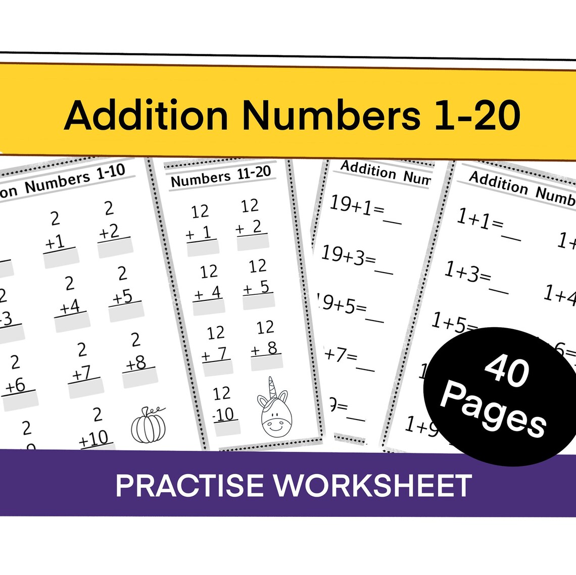 Download PDF/ 20 Printable Addition Worksheets/ Numbers 1-20/ | Etsy