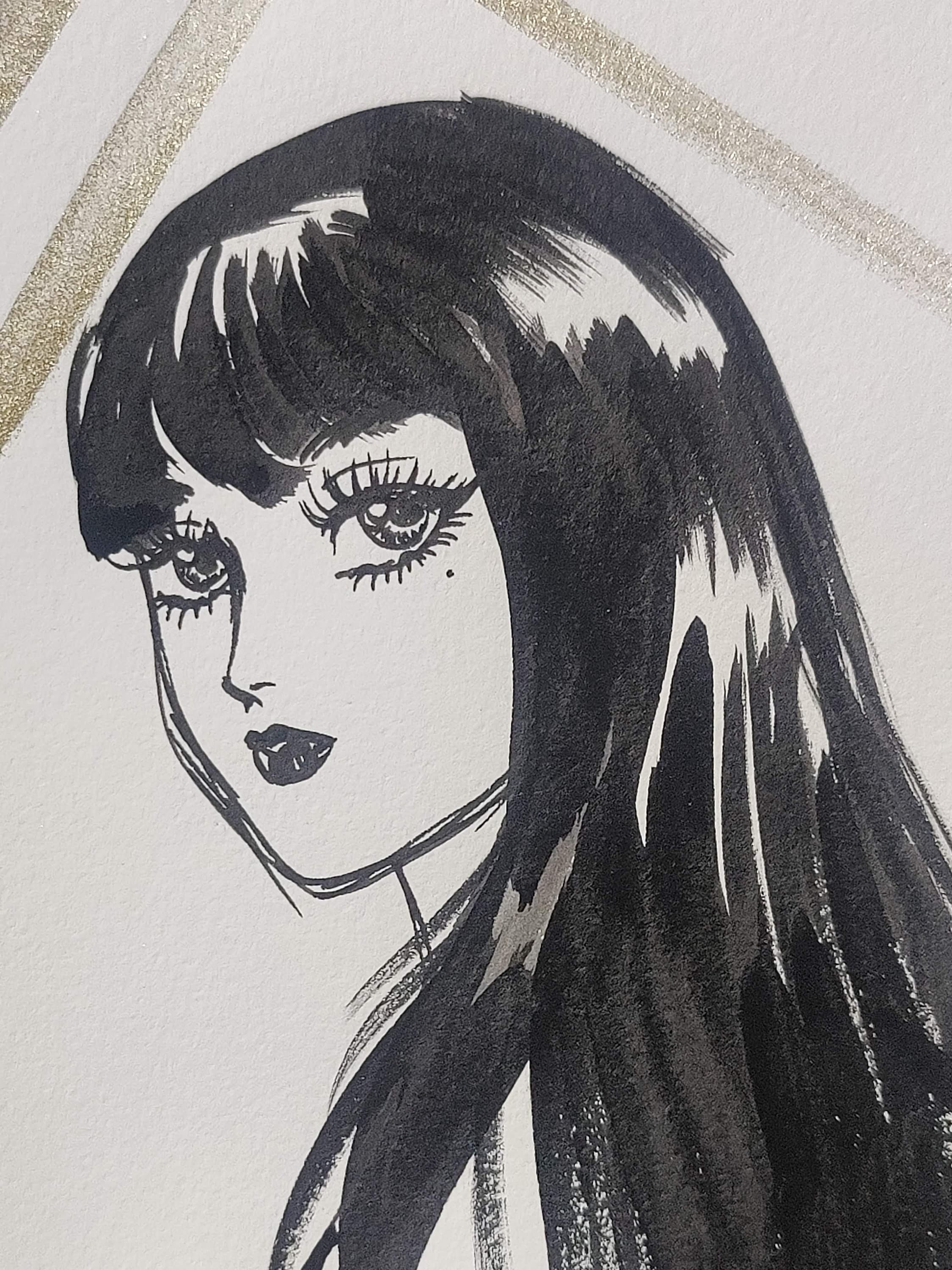 Original Anime Girl Black and White Gouache Painting, Unique Minimal ...
