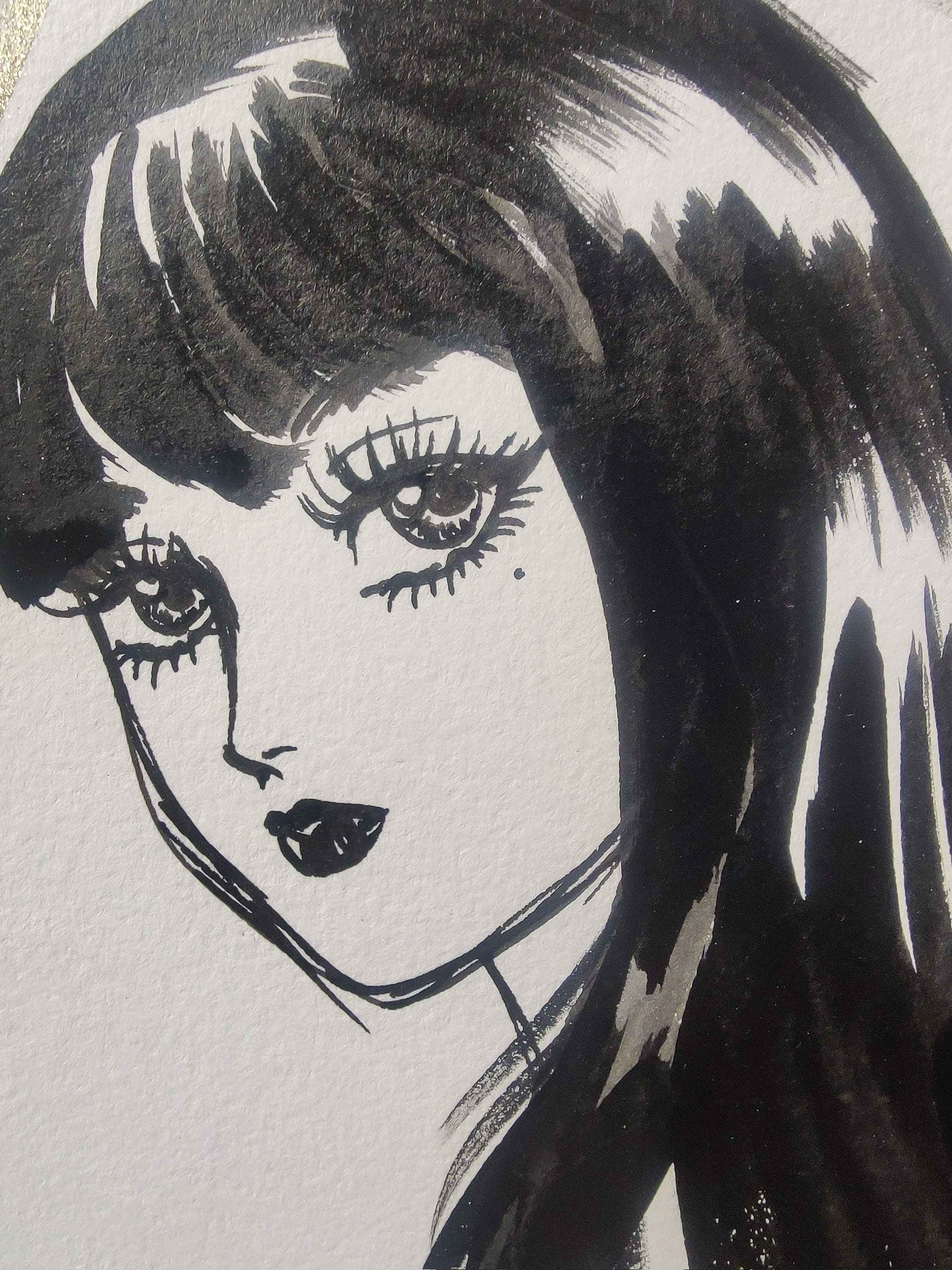 Original Anime Girl Black and White Gouache Painting, Unique Minimal ...