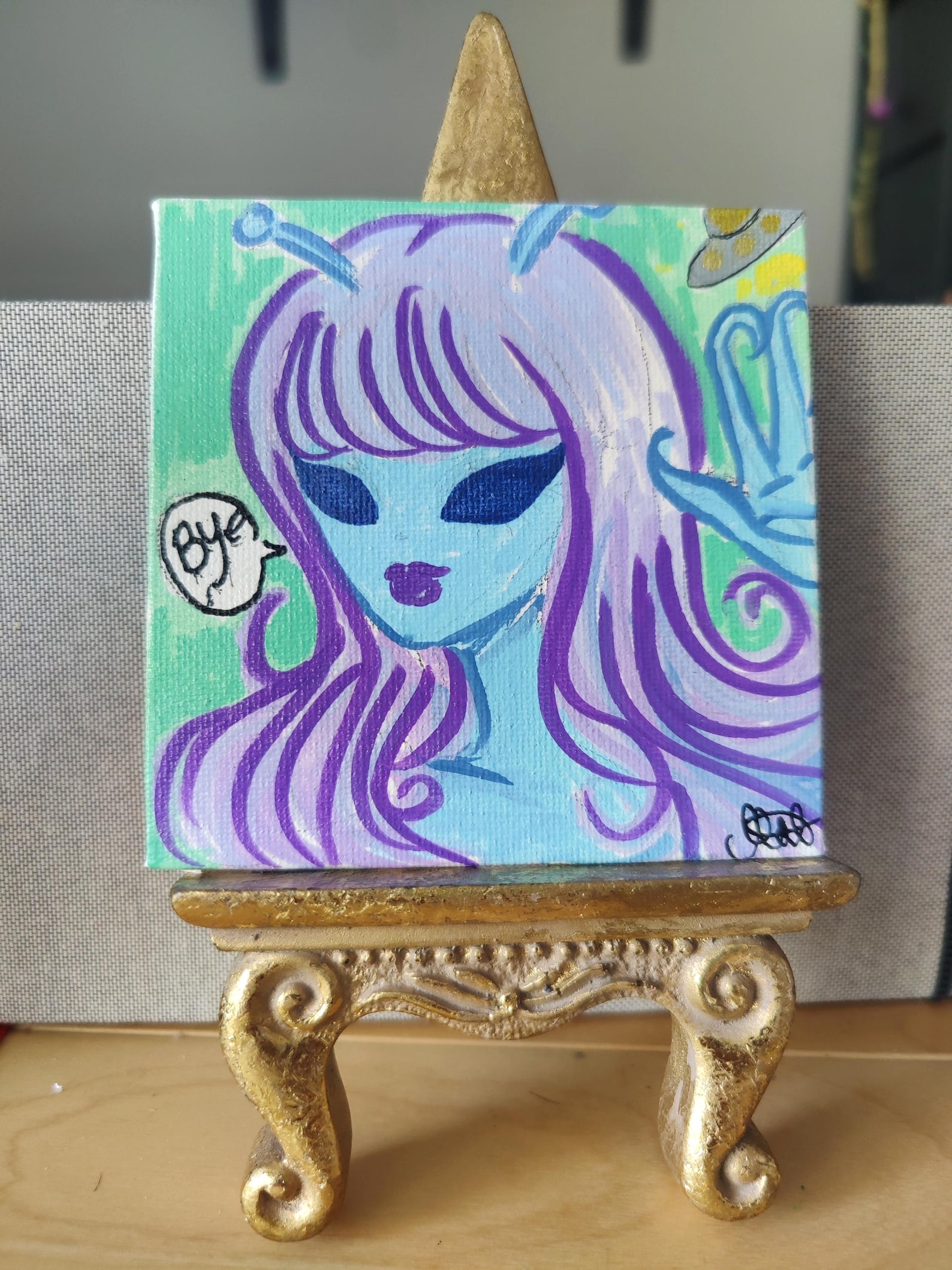Original Alien Acrylic Painting: Kawaii Pastel Art, 4x4 Mini Canvas - Etsy