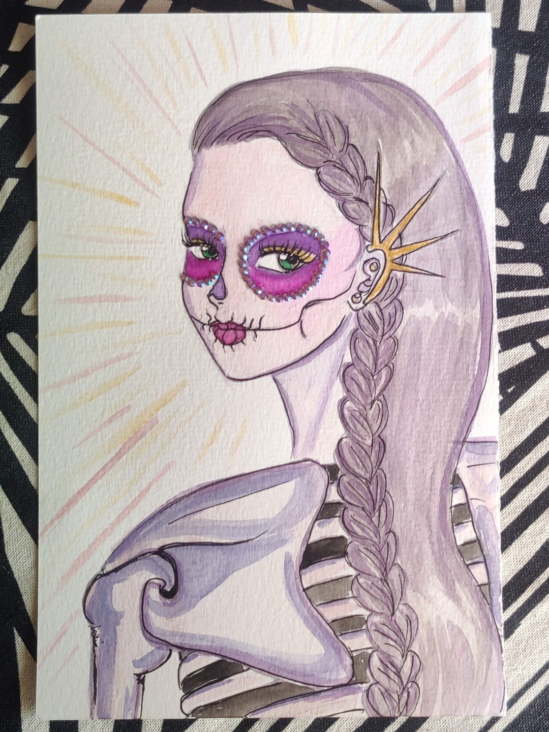 Original Watercolor Game of Bones Skull Skeleton Bedazzled Drawing ...