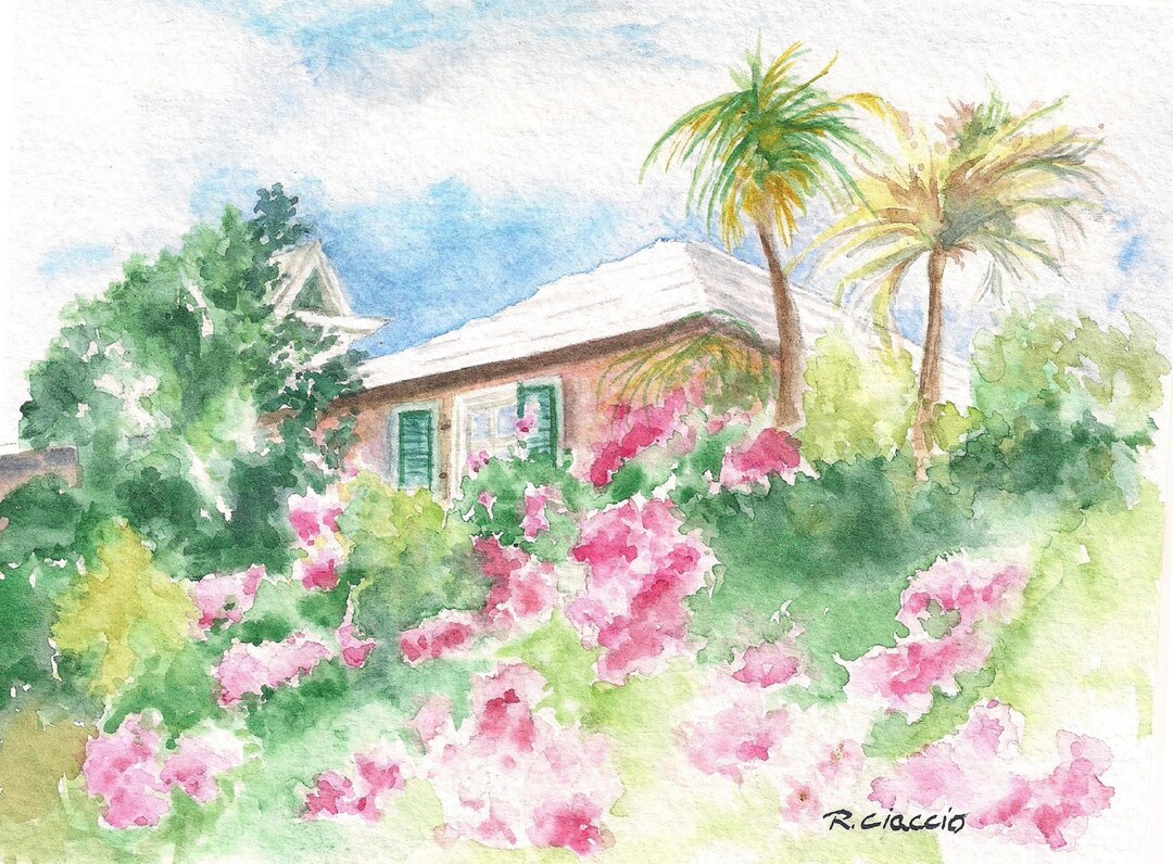 Bermuda, Watercolor, Landscape, Print, Floral, Palm Tree, Cottage ...