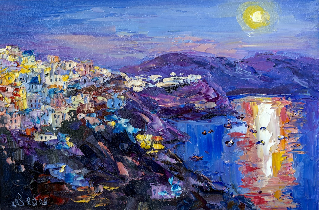 Santorini Painting Original Art, Greece Seascape, Impasto Oil Painting ...