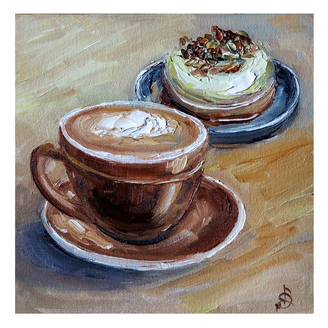 Cappuccino and Cake Original Oil Painting Still Life 8x8 Impasto Art by ...