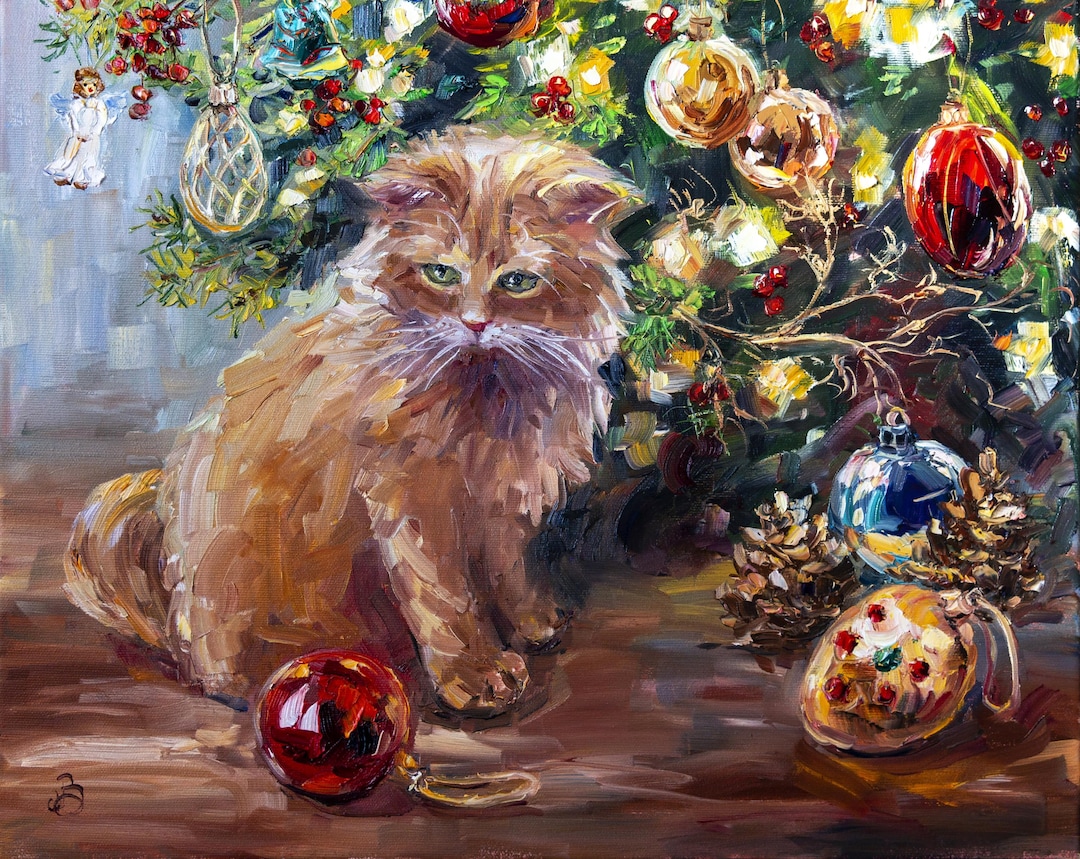 Christmas Cat Painting on Canvas, Original Art, Christmas Tree Wall Art, New Year Painting ...