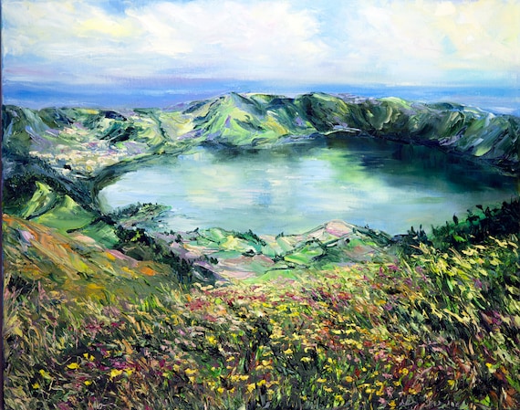 Original Art Lake Paintings on canvas original Wildflowers | Etsy