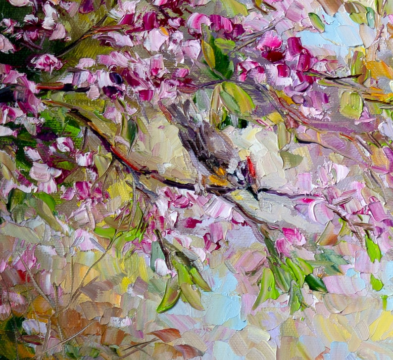 Spring Garden Paintings on Canvas Original Art Bird and - Etsy