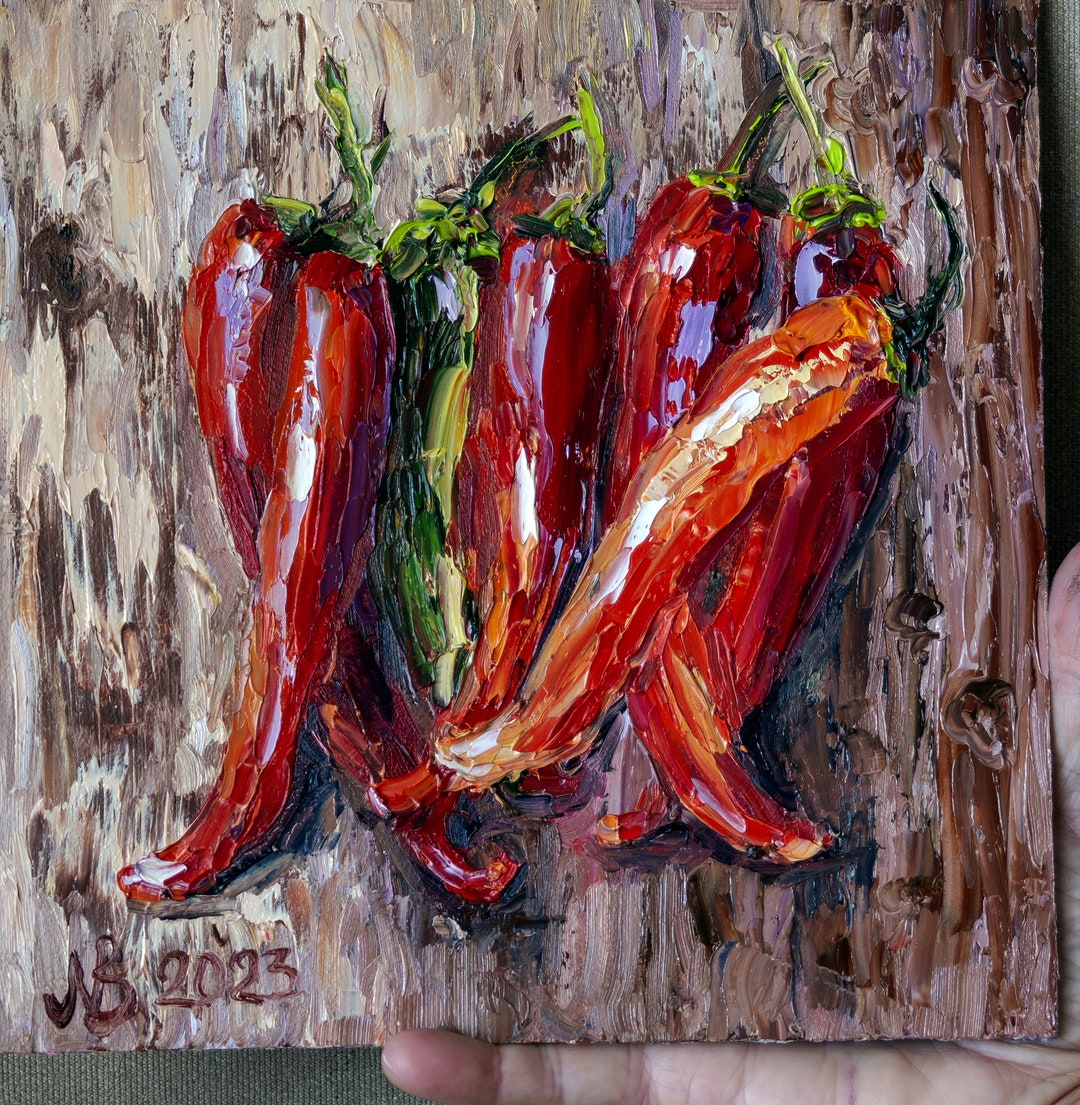 Chilli Peppers Painting Original Art, Kitchen Wall Decor Hot Pepper ...