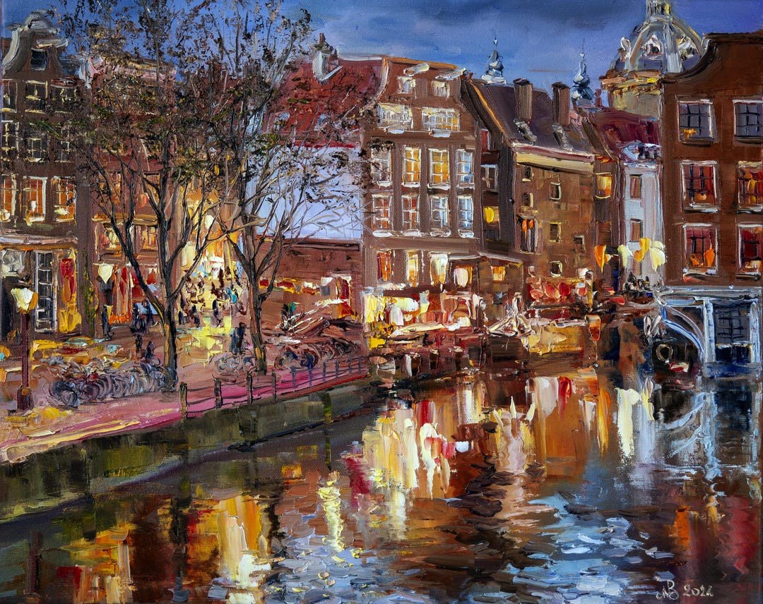 Night Amsterdam Painting on Canvas Original Art , VAN GOGH Style ...