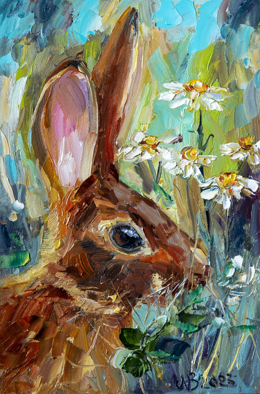 Bunny Rabbit Painting, Impasto Original Art, Gift for Kids Room Decor ...