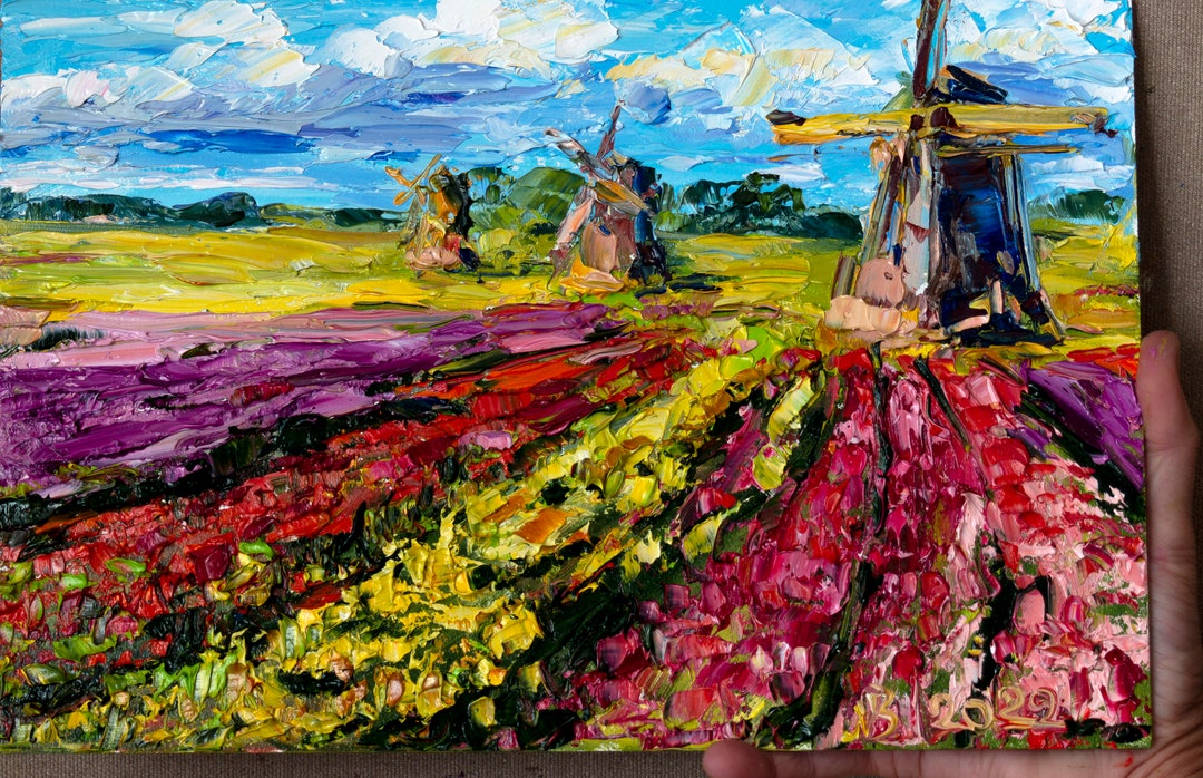 Tulip Field Painting Impasto Original Art Dutch Windmill - Etsy