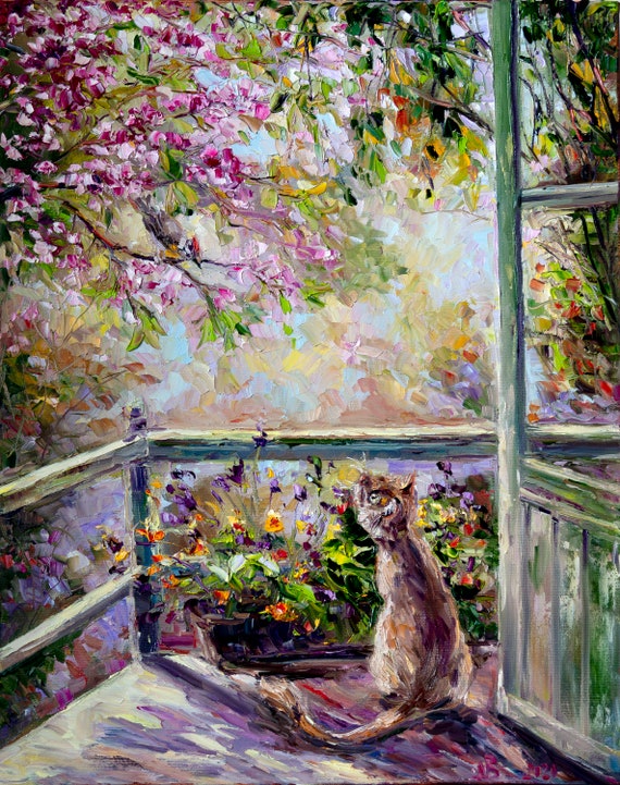 Spring Garden Paintings on Canvas Original Art Bird and - Etsy