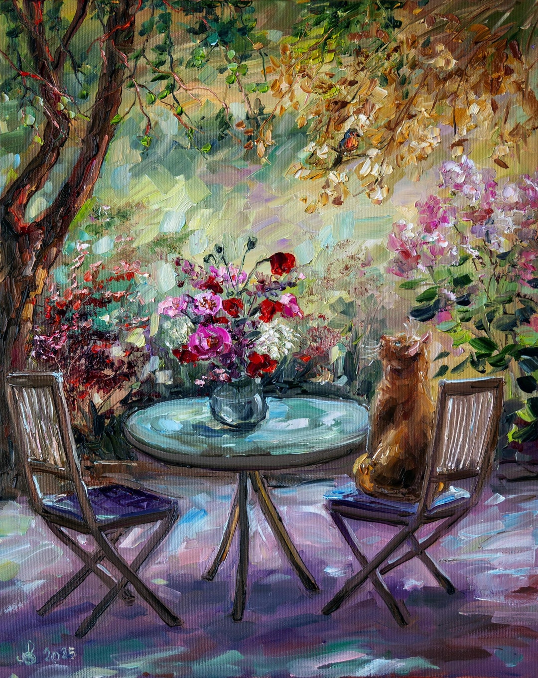 Garden Paintings on Canvas, Original Art, Bird and Ginger Cat Painting ...