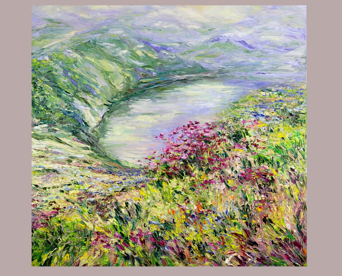 Abstract Lake Paintings on Canvas Original Art Wildflowers - Etsy