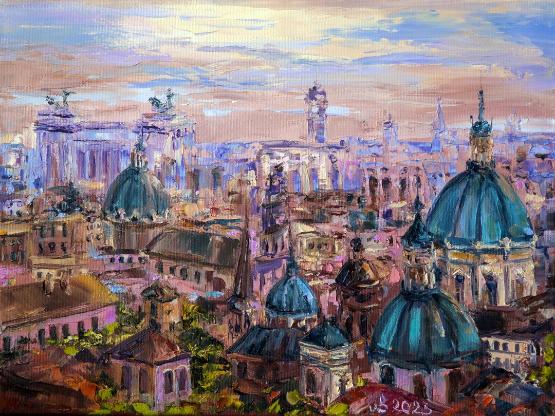 Evening Rome Paintings on Canvas, Original Art, Italy Cityscape Impasto ...