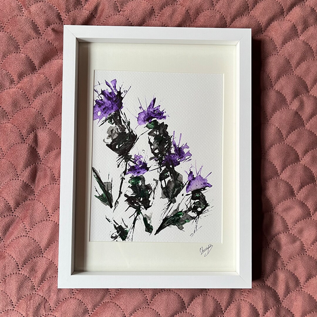 Original Thistle Abstract Painting, Acrylic, Framed, White Frame ...