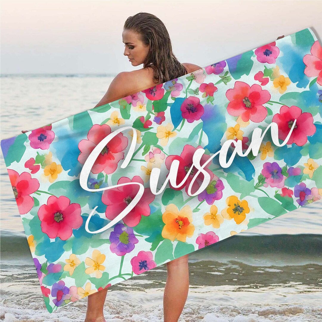 Floral Beach Towel, Custom Name Beach Towel, Mom Trip Gift, Summer ...