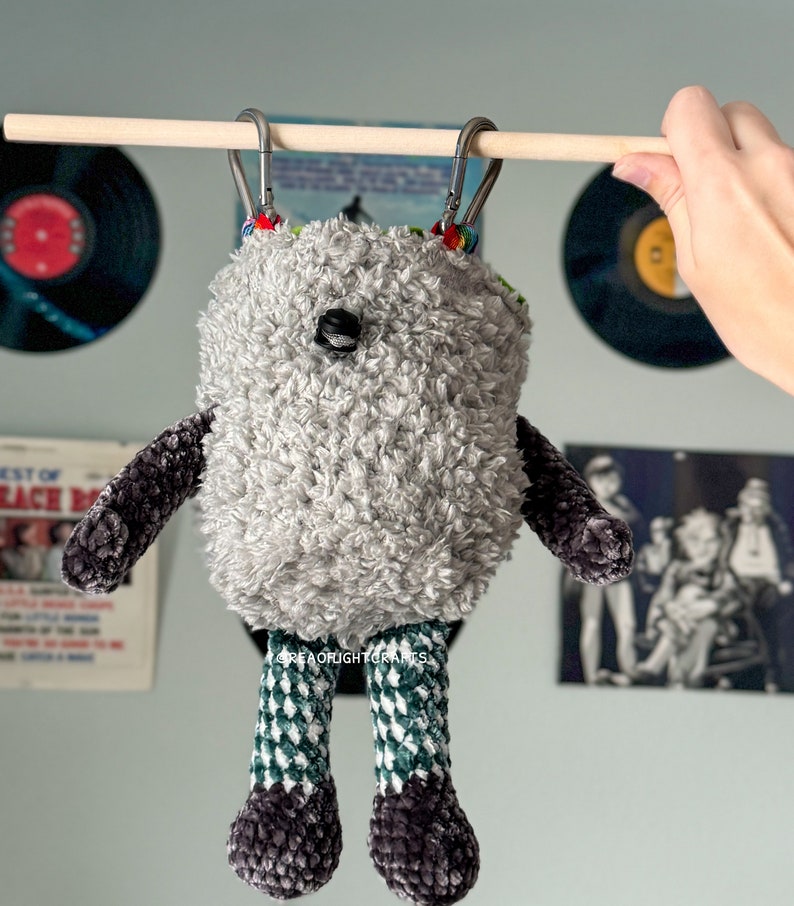 Gary the Fuzzy Release Pouch/ Chalk Bag Hand Crocheted Grey Furry Chalk ...