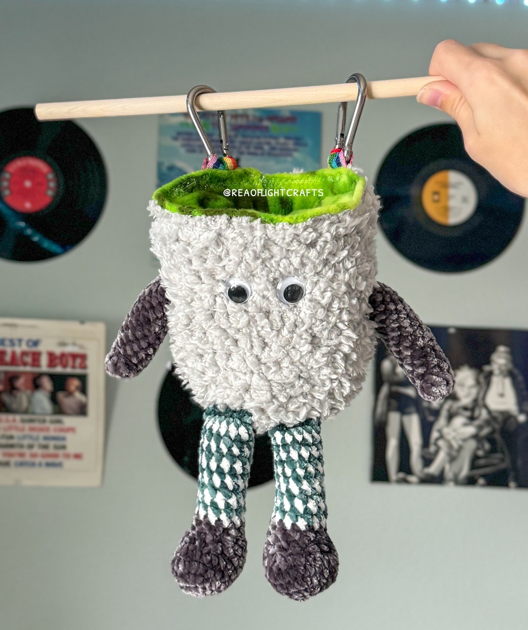 Gary the Fuzzy Release Pouch/ Chalk Bag Hand Crocheted Grey Furry Chalk ...