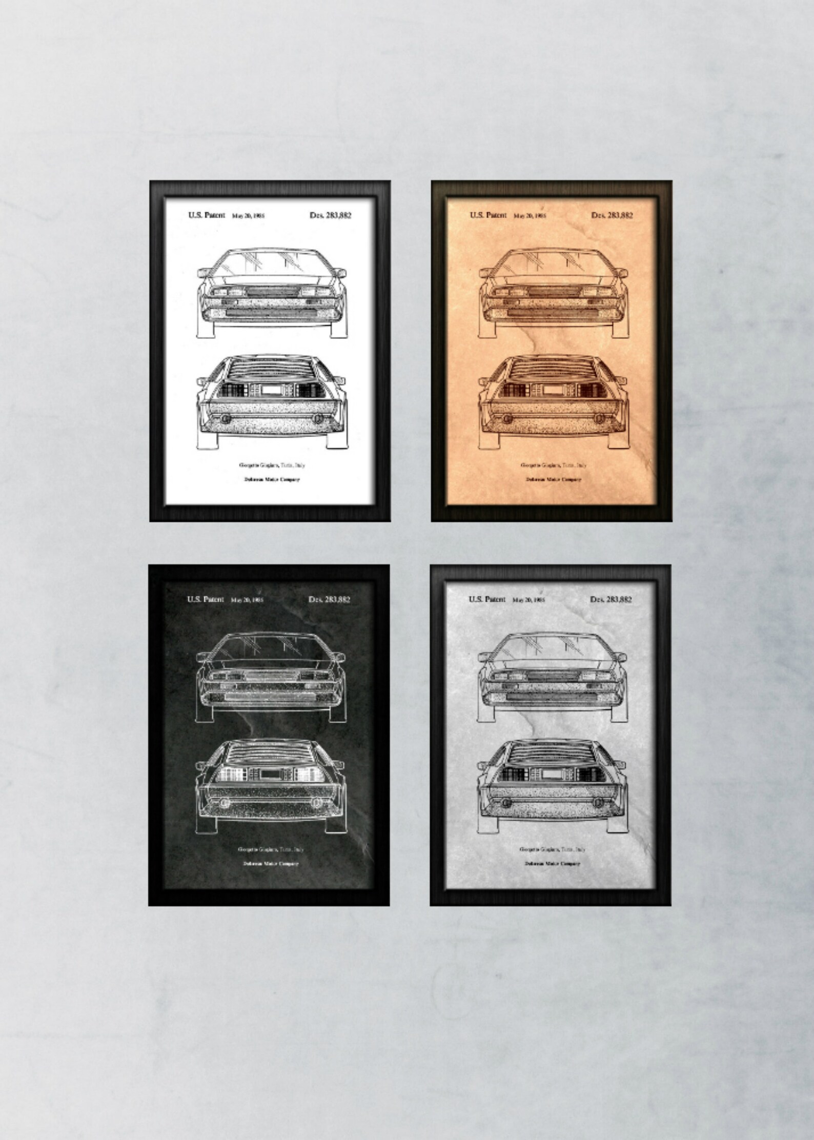 Delorean Sports Car, Set of 4 Frameless, Front/rear View, Patent ...