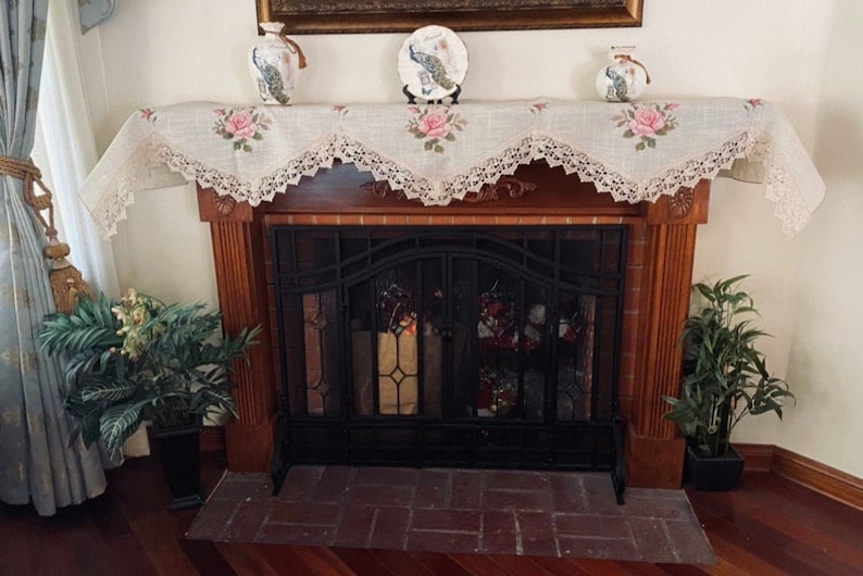 Vintage Rose Embroidery Fireplace Floral Mantel Scarf , Elegant Home ...