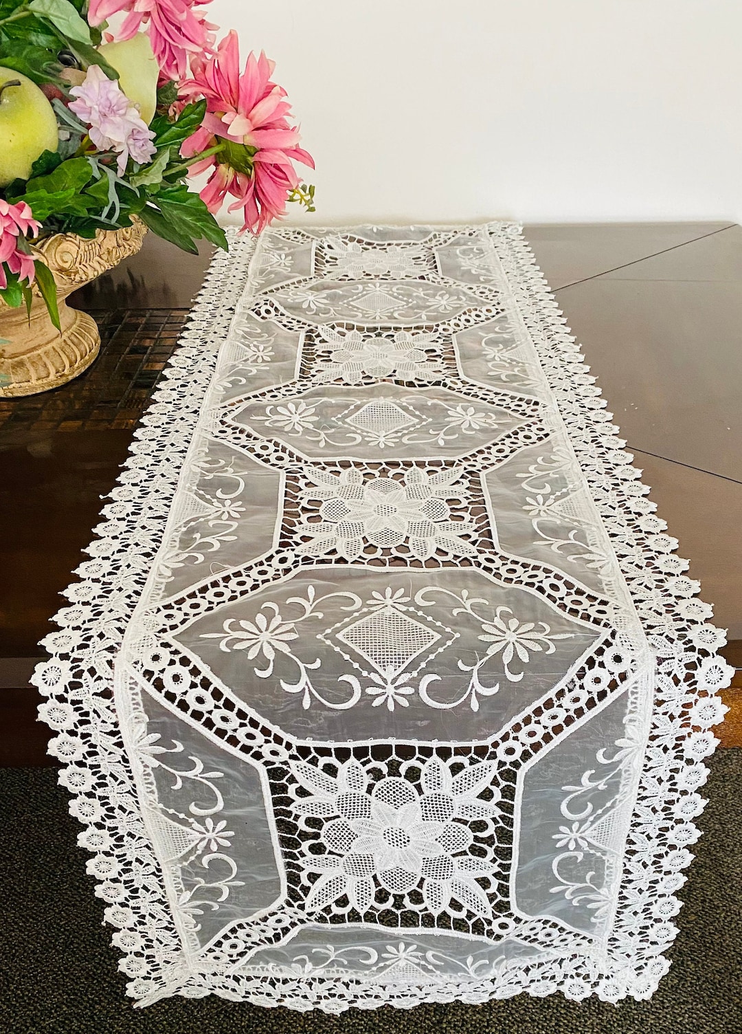 Vintage Lace Table Runner: Embroidered Linen Dresser Scarf - Etsy