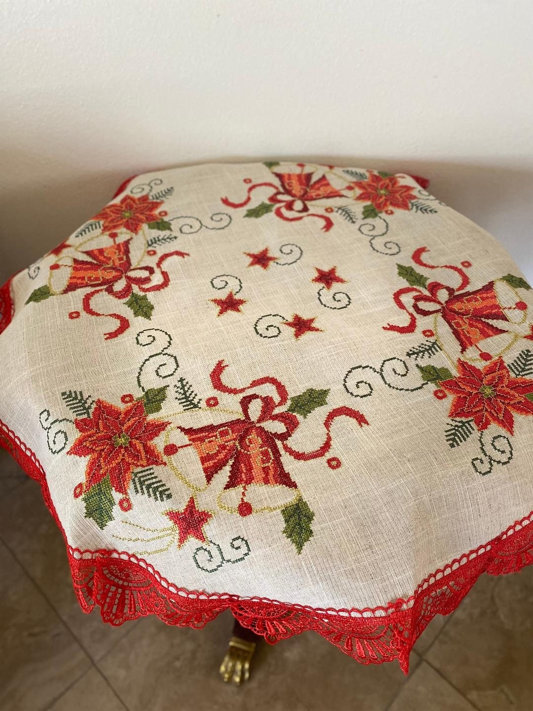 Embroidered Poinsettia Christmas Table Topper: Holiday Bell Linen (34 X ...