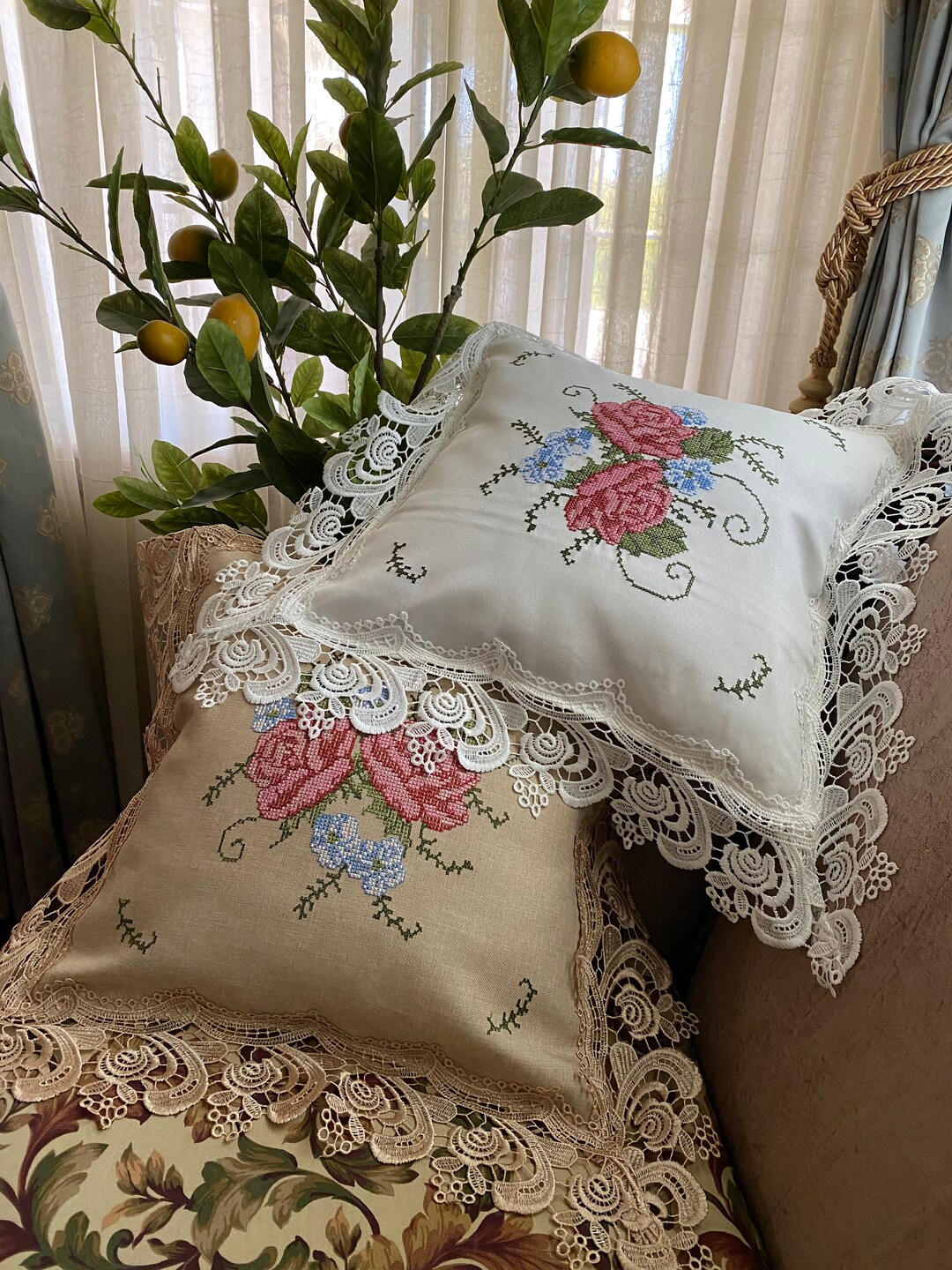 Venice Lace Throw Pillow Cover: Cross Stitch Rose Embroidery, 16x16" - Etsy