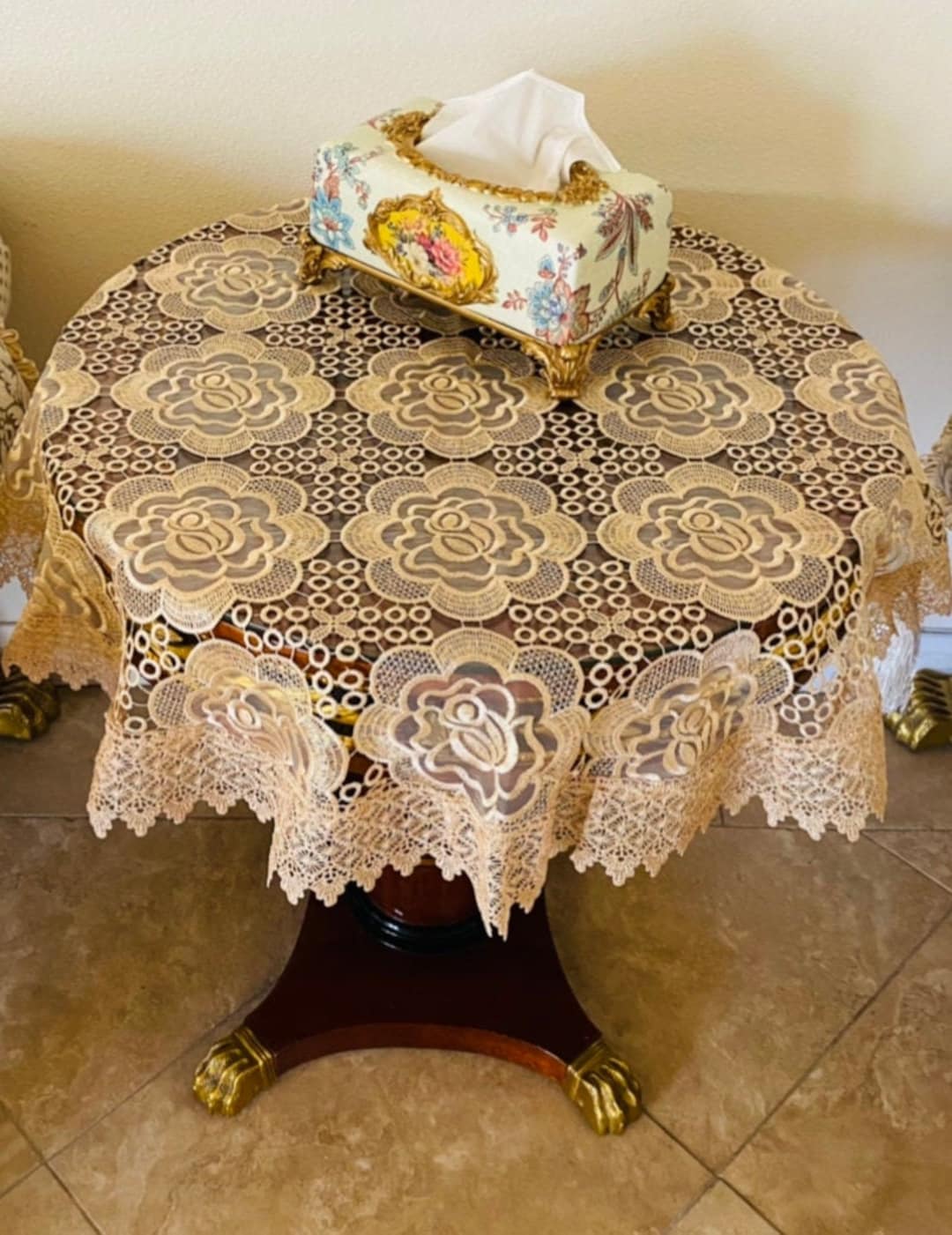A&MT Beautiful Floral Venice Lace Linen Table Topper - White /beige (36 ...