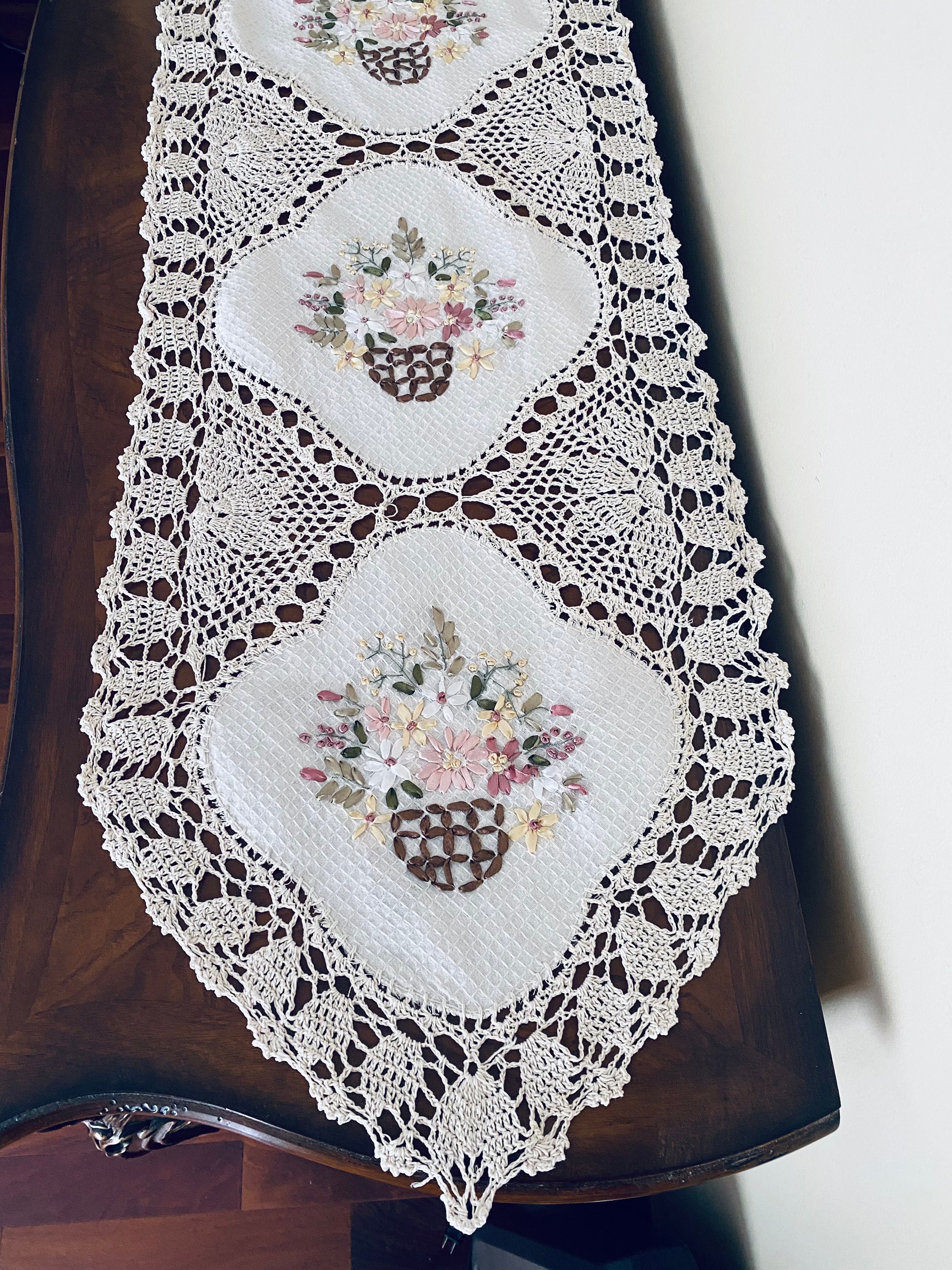 Handmade Crochet Table Runner: Embroidered Floral Ribbon, 100% Cotton ...