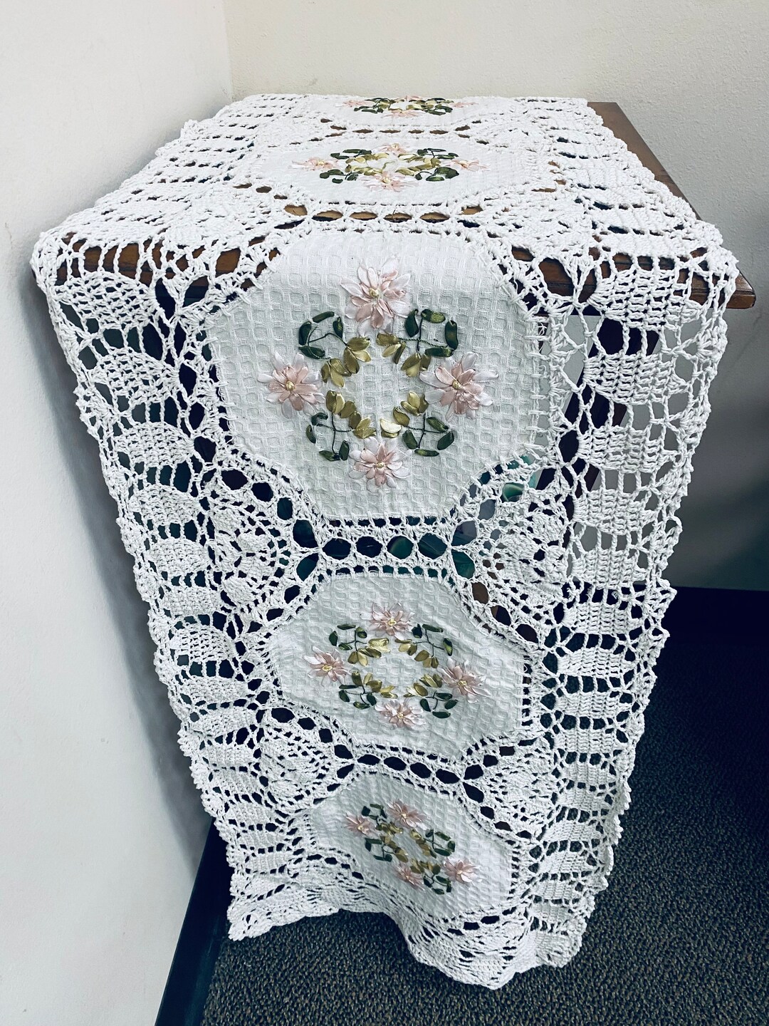 Handmade Crochet Table Runner: Embroidered Floral Ribbon, 100% Cotton ...
