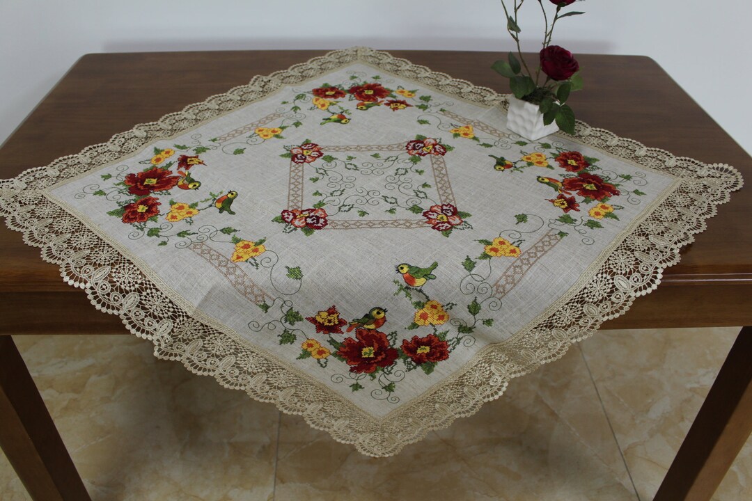 Floral Cross Stitch Linen Table Topper With Venice Lace - 34" Square - Etsy