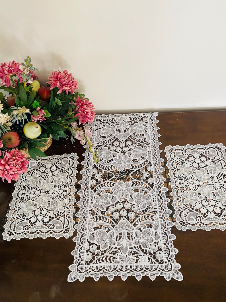 Floral Embroidered Linen Table Runner: Vintage Venice Lace Dresser ...