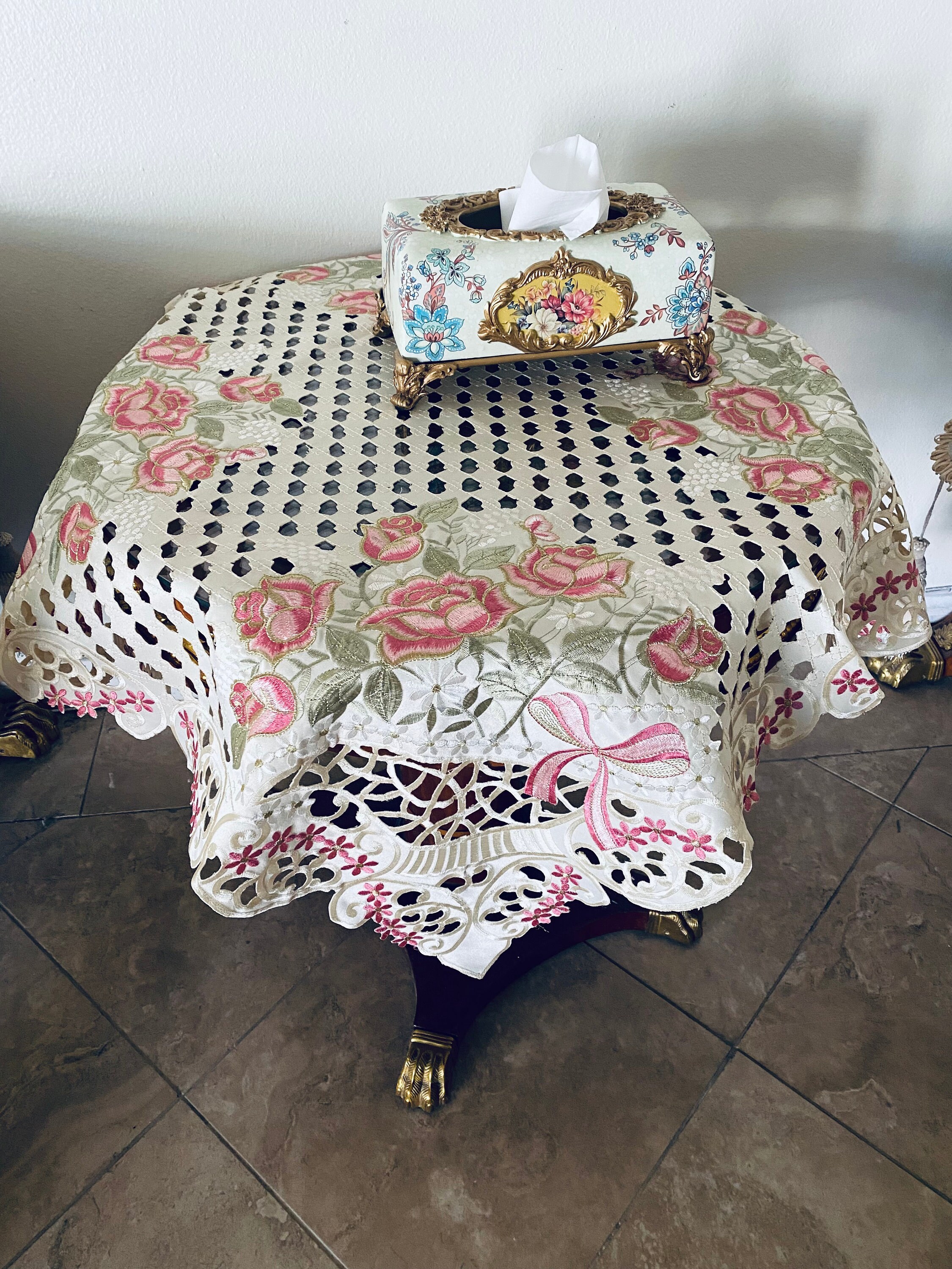 A&MT Cut Work Floral Embroidered Linen Table Topper Beige - Etsy