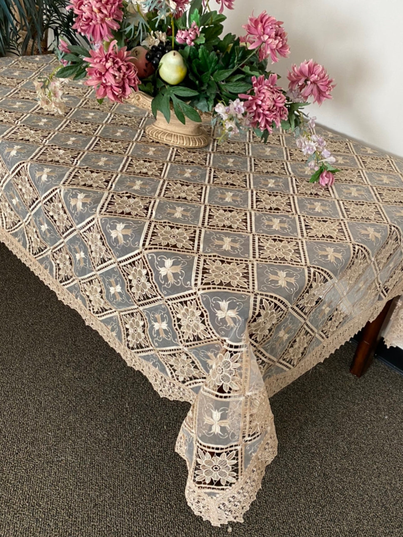 A&MT Elegant Vintage Lace Embroidered Linen Tablecloths: Beige - Etsy