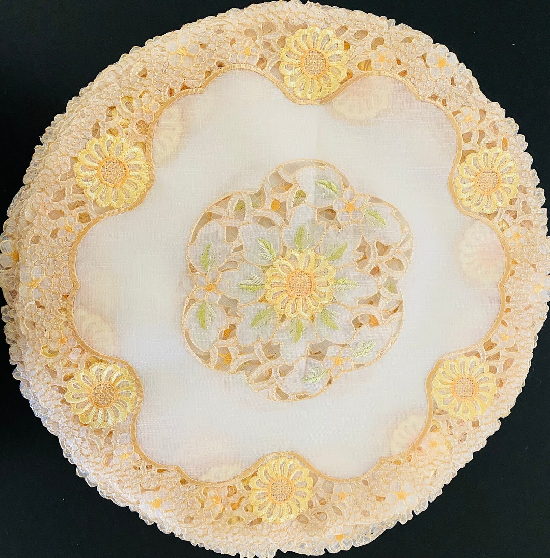 Floral Embroidered Linen Doilies: Yellow Cutwork, 16" Round (set of 4 ...