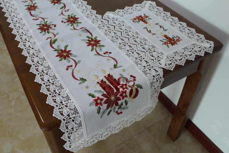 Vintage Embroidered Christmas Table Runner: Lace Linen Holiday Decor ...