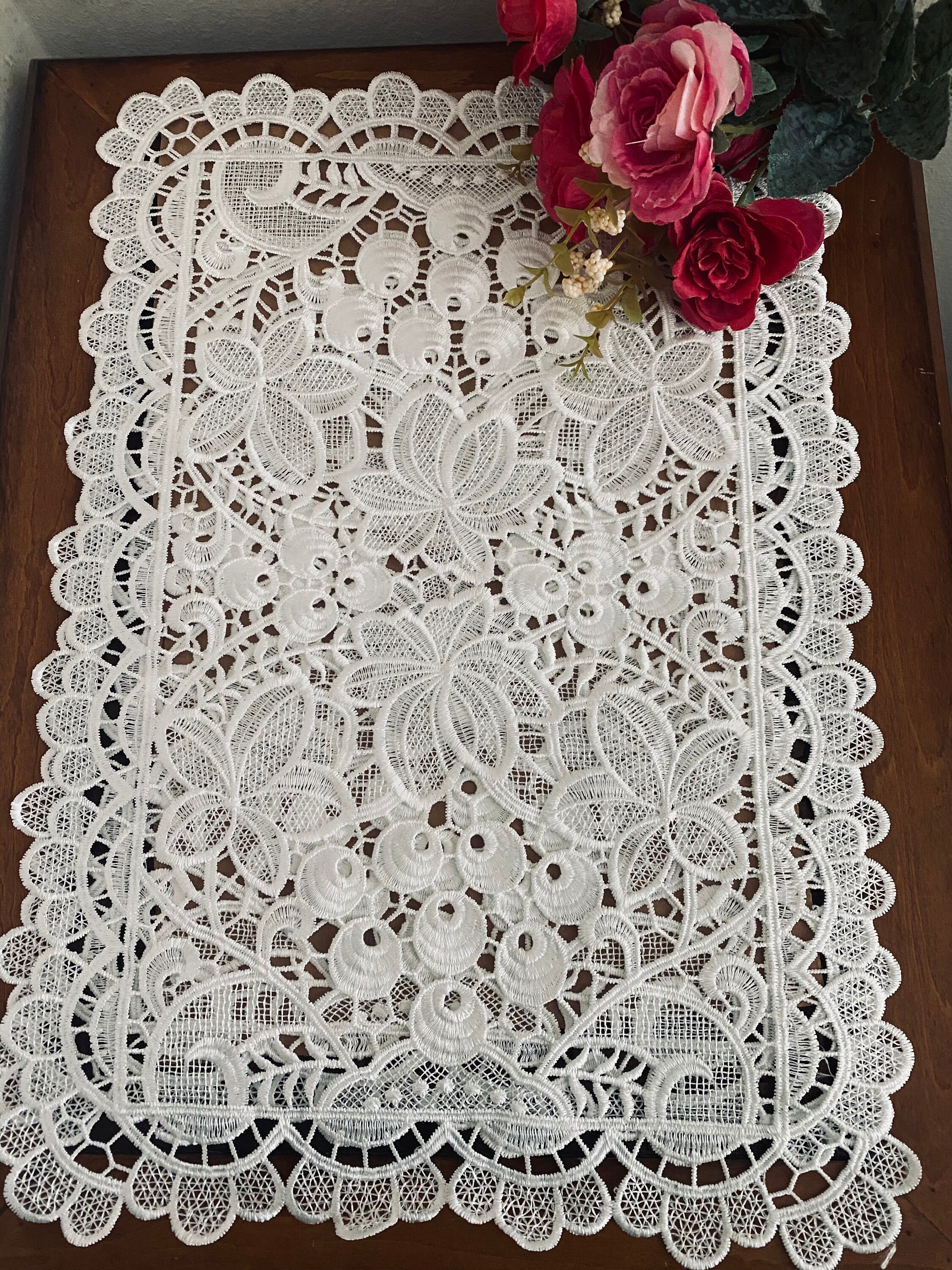 Floral Embroidered Linen Table Runner: Vintage Venice Lace Dresser ...