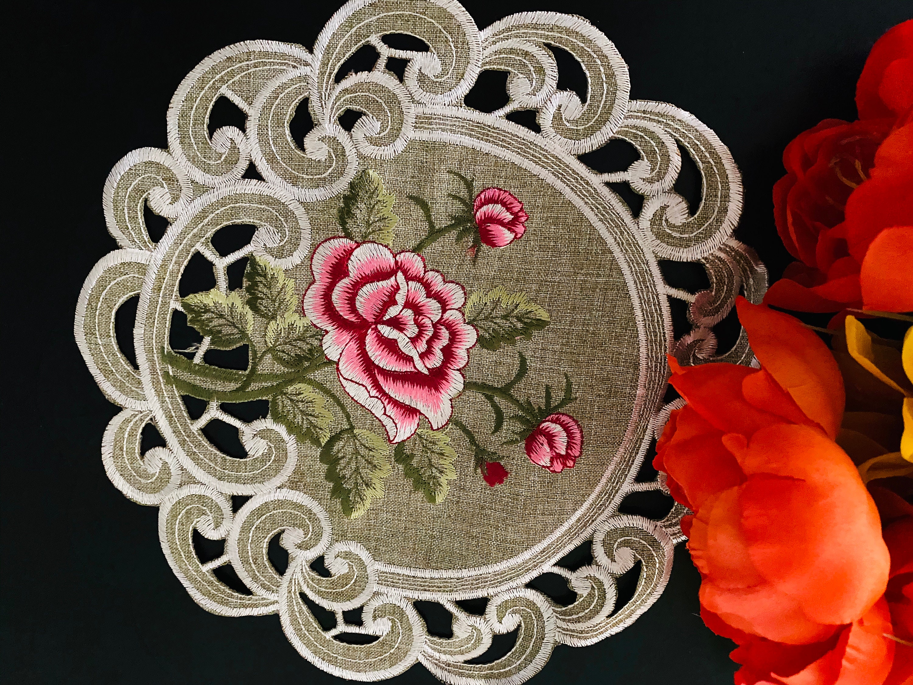 A&MT Floral Cutwork Embroidered Round Linen Doilies Set of 4 | Etsy