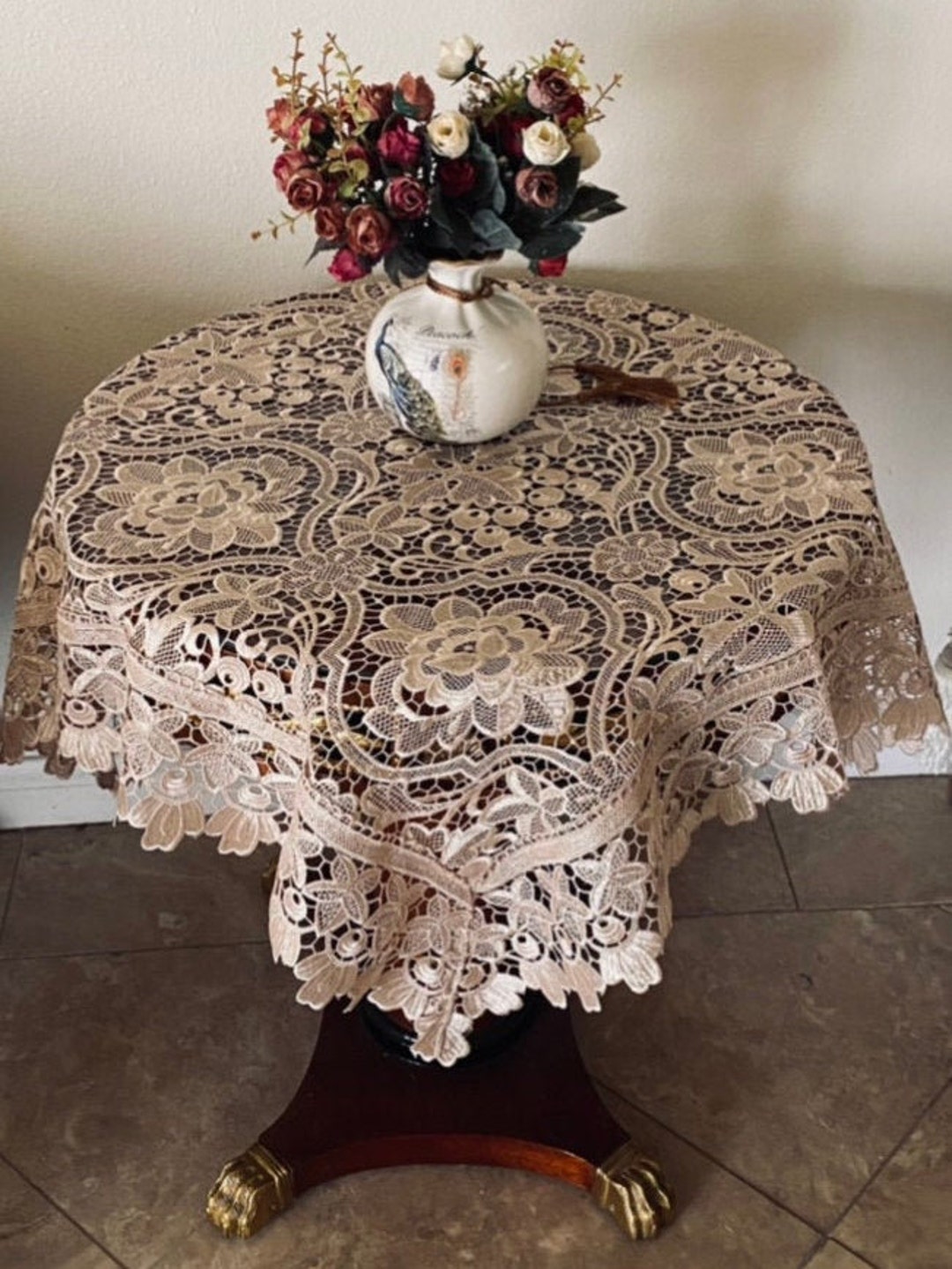 A&MT Floral Venice Lace Linen Table Topper - Beige (36" X 36" Square or ...